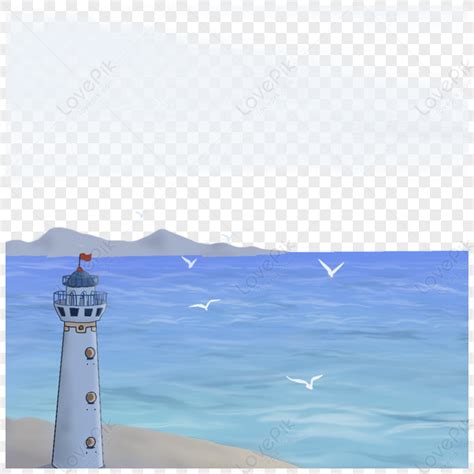 푸른 바다와 등 대 수채화 구름 일러스트 자연 풍경입니다 바다등대자연스러운 Png 일러스트 무료 다운로드 Lovepik