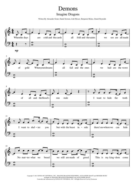 Demons Arr Dennis Cheng By Imagine Dragons Sheet Music For Easy