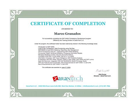 Certificate Of Completion SAP HANA Zarantech Marco Granados PDF