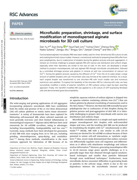 Pdf Microfluidic Preparation Shrinkage And Surface Modification Of Monodispersed Alginate