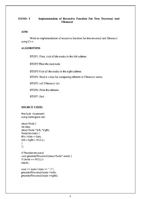 Cp4161 Lab Manual Exno 1 Implementation Of Recursive Function For Tree Traversal And