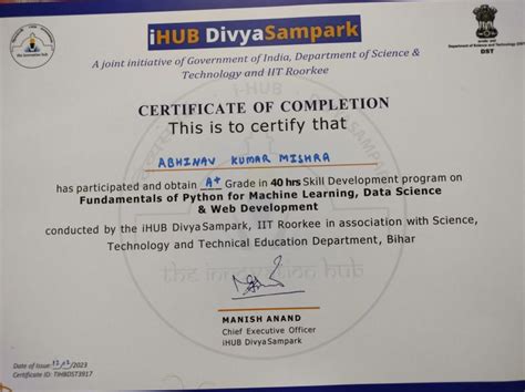 completed python course by ihub divya sampark abhinav mishra posted on the topic linkedin
