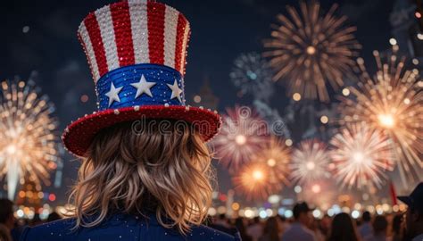 Person Wearing Uncle Sam Hat Watching Fireworks Display Stock Illustration Illustration Of