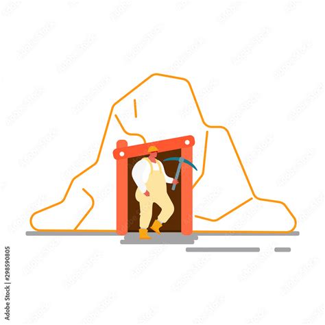 Mineworker In Uniform And Helmet Exit Coal Mine Quarry Holding Pickaxe In Hand Miner Character