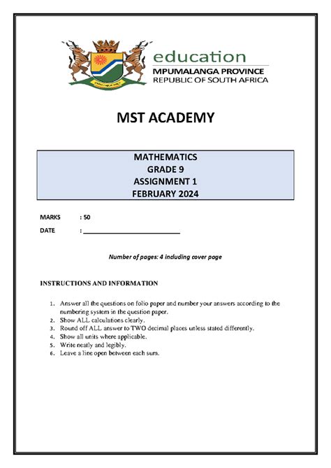 Grade 9 Assignment 1 1 Mst Academy Mathematics Grade 9 Assignment 1