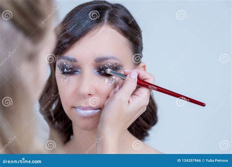 Backstage Scene Professional Make Up Artist Doing Glamour Model Makeup