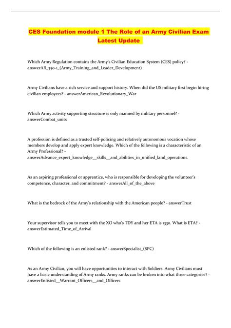 Ces Foundation Module 1 The Role Of An Army Civilian Exam Latest Update Ces Foundation Stuvia Us