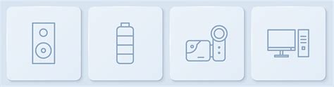 세트 라인 스테레오 스피커 시네마 카메라 배터리 충전 수준 표시기 및 컴퓨터 모니터 흰색 정사각형 버튼 벡터 가정용 캠코더에 대한 스톡 벡터 아트 및 기타 이미지 Istock
