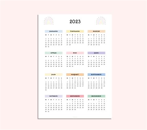 2023 Rainbow Calendar 2023 Printable Calendar 2023 Digital Etsy