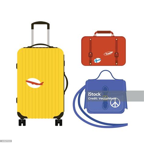 여행 관광 패션 수하물 또는 수하물 휴가 핸들 가죽 큰 포장 대상 서류 가방 및 항해 바퀴에 케이스 가방 벡터 일러스트 레이 션 가방에 대한 스톡 벡터 아트 및 기타 이미지