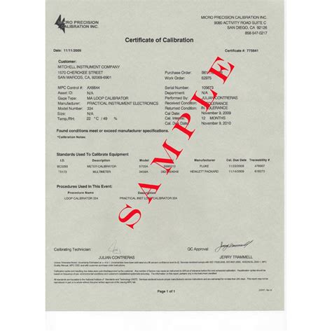 Nist Traceable Calibration Certificate