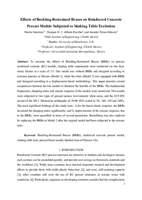 Doc Effects Of Buckling Restrained Braces On Reinforced Concrete Precast Models Subjected To