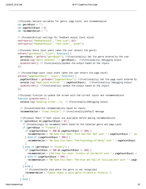 Ap Pt Code Print Print Code Purpose Declare Variables For Genre