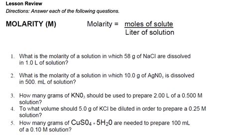 Solved Molarity M Molarity Liter Of Solution Moles Of