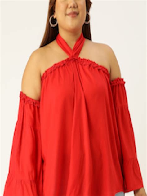 Buy Therebelinme Plus Size Red Solid Halter Neck Bardot Top Tops For