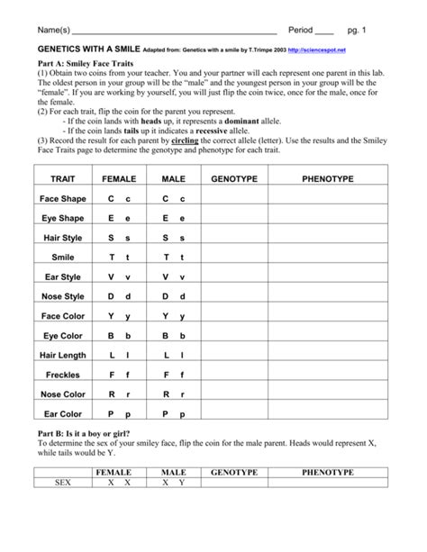 Smiley Face Genetics Worksheet Dominant And Recessive Traits