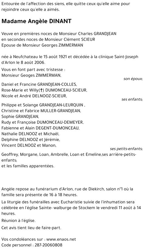Avis De Décès De Angèle Dinant Décédé Le 08082006 à Annonce