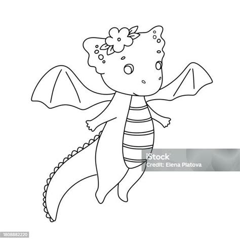 흰색 배경에 고립된 꽃을 가진 귀여운 비행 용입니다 색칠 페이지에 대한 개요 벡터 만화 캐릭터입니다 유치한 선 일러스트 0명에 대한 스톡 벡터 아트 및 기타 이미지 Istock