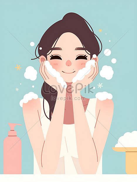 화장실에서 얼굴을 씻는 소녀 일러스트 무료 다운로드 Lovepik