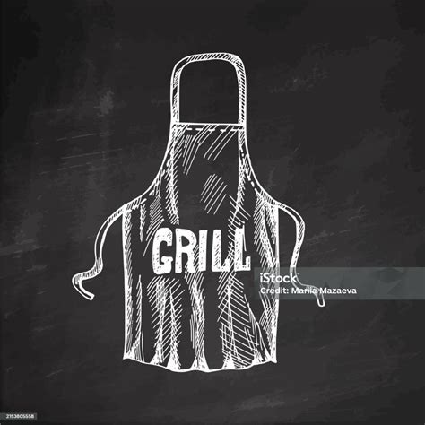바베큐 앞치마의 손으로 그린 흑백 벡터 스케치입니다 Doodle 빈티지 그림 통하고 있는 칠판 배경 카페 및 라벨 메뉴 장식 새겨진 이미지 가정 주방에 대한 스톡 벡터 아트