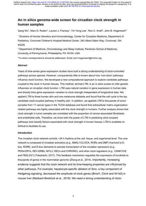 Pdf An In Silico Genome Wide Screen For Circadian Clock Strength In Human Samples
