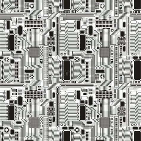Seamless Pattern Of Circuit Board With Black Details On A White Background Medium Scale Stock