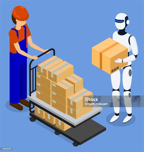 Manusia Gunakan Robot Untuk Angkat Dan Pindahkan Kotak Inovasi Ilustrasi Stok Unduh Gambar