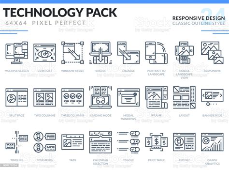 응답 디자인 아이콘을 설정합니다 기술 개요 아이콘 팩입니다 웹 디자인 및 웹 사이트 응용 프로그램에 대 한 픽셀 완벽 한 얇은 선 벡터 아이콘 아이콘에 대한 스톡 벡터 아트