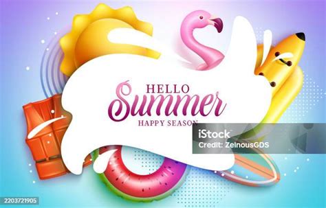 여름 벡터 템플릿 디자인입니다 열대 플로터와 서핑 보드 요소가 있는 흰색 스플래시 공간의 Hello Summer 텍스트 3차원 형태에 대한 스톡 벡터 아트 및 기타 이미지