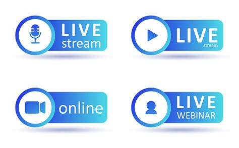 라이브 스트리밍 아이콘 집합입니다 라이브 스트리밍 방송 온라인 웨비나의 그라데이션 기호 및 버튼 Tv 프로그램 영화 및 라이브 공연에 레이블을 지정합니다 벡터 플랫