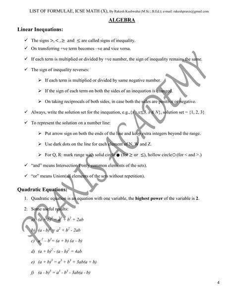 Icse Mathematics Formulae Sheet Pdf