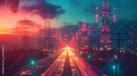 A Vibrant Image Of A High Voltage Power Line With Transmission Towers