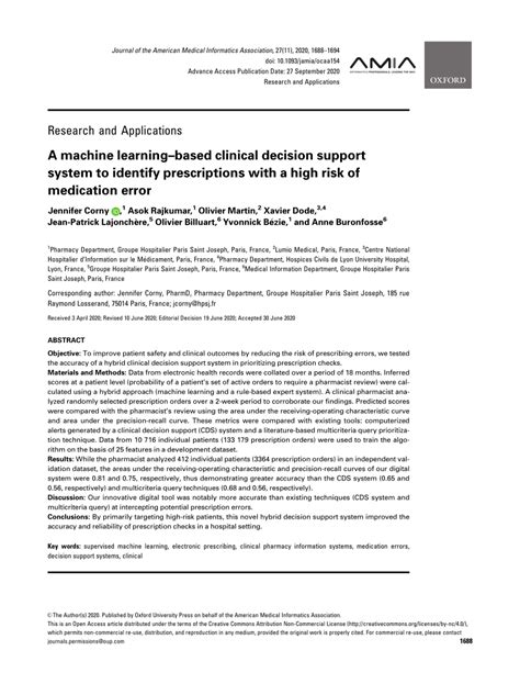 Pdf A Machine Learning Based Clinical Decision Support System To Identify Prescriptions With A