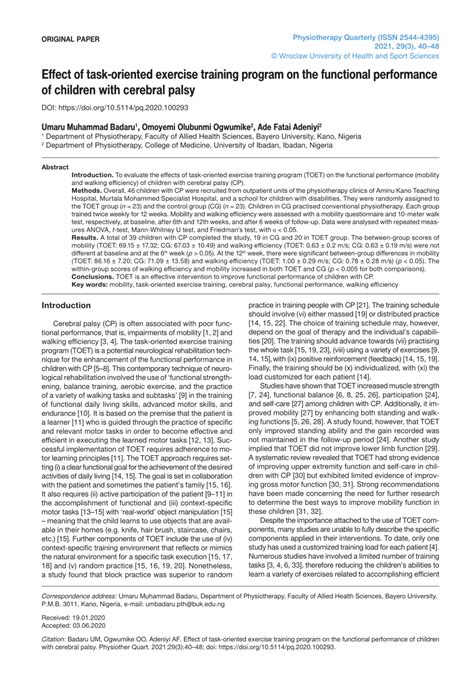 Pdf Effect Of Task Oriented Exercise Training Program On The Functional Performance Of