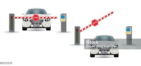 닫힌 붐 장벽 앞에 위치한 자동차 장벽이 열리고 차가 주차 장벽과 거리 도로 정지 경계를 통과합니다 장벽 및 출입 통제를 통한 입장 벡터 감시에 대한 스톡 벡터 아트 및