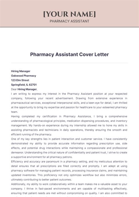 Free Pharmacy Assistant Cover Letter Template To Edit Online