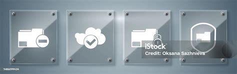 문서 폴더 보호 폴더 및 잠금 확인 표시가 있는 클라우드 마이너스가 있는 문서 폴더를 설정합니다 정사각형 유리 패널 벡터 금고 보안 장비에 대한 스톡 벡터 아트 및 기타