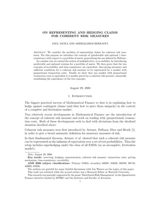 Pdf On Representing Claims For Coherent Risk Measures