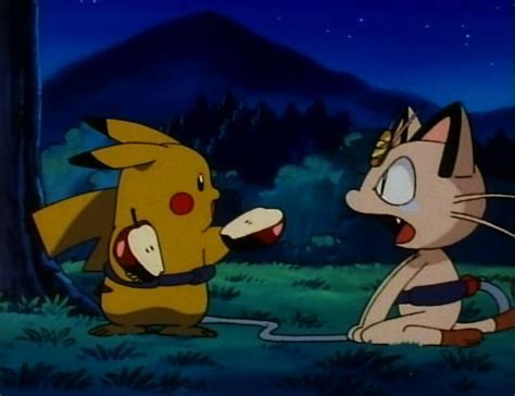 Pikachu Offering Meowth An Apple Pokemon Meowth Mew And Mewtwo Pikachu