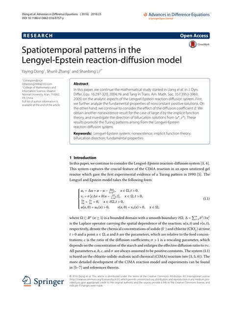 Pdf Spatiotemporal Patterns In The Lengyel Epstein Reaction Diffusion Model