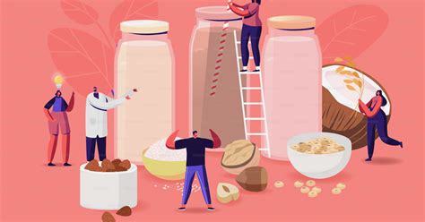 비건 우유 개념 견과류 오트밀 쌀 콩에서 추출한 유기농 비유제품 음료의 구색을 가진 작은 남성과 여성 캐릭터 건강 관리식이 요법 및 영양 만화 사람들 벡터