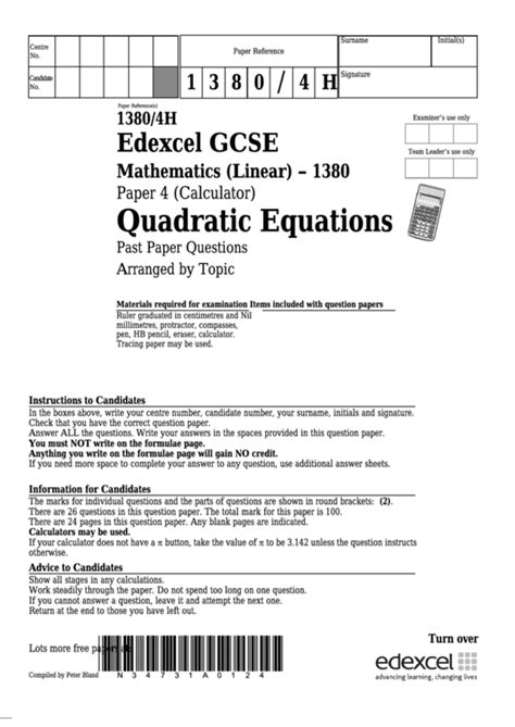Edexcel Gcse Mathematics Linear Quadratic Equations Printable Pdf