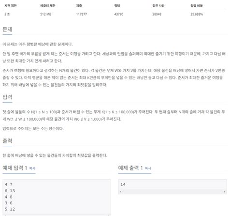 [dp 부분합 bfs 냅색] 백준 골드 5 12865 평범한 배낭 python