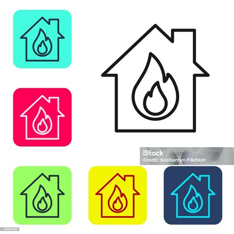 흰색 배경에 고립 된 불타는 집 아이콘의 검은 줄 화재 색상 정사각형 단추로 아이콘을 설정합니다 벡터 3차원 형태에 대한 스톡 벡터 아트 및 기타 이미지 Istock