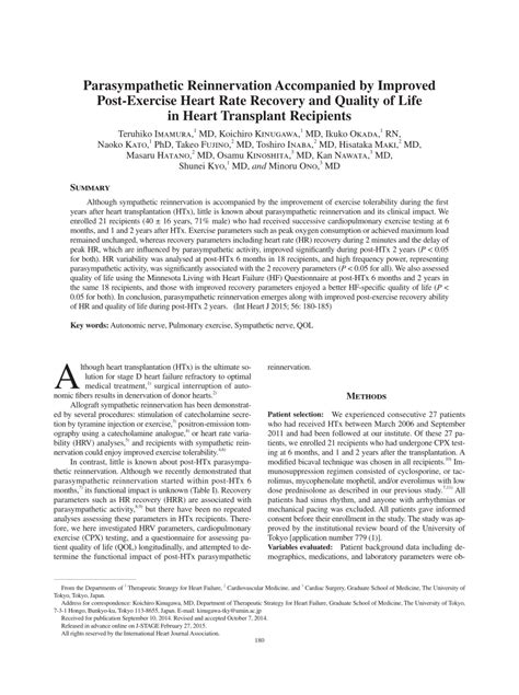 Pdf Parasympathetic Reinnervation Accompanied By Improved Post Exercise Heart Rate Recovery