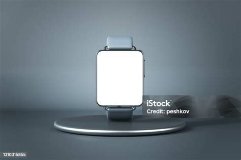 추상적 배경에 금속 원형 스탠드에 빈 흰색 디스플레이와 전자 시계스마트 시계 개념 3d 렌더링 모의 스마트시계에 대한 스톡 사진 및 기타 이미지 Istock