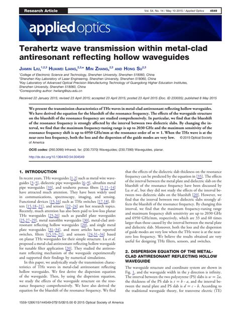 Pdf Terahertz Wave Transmission Within Metal Clad Antiresonant Reflecting Hollow Waveguides