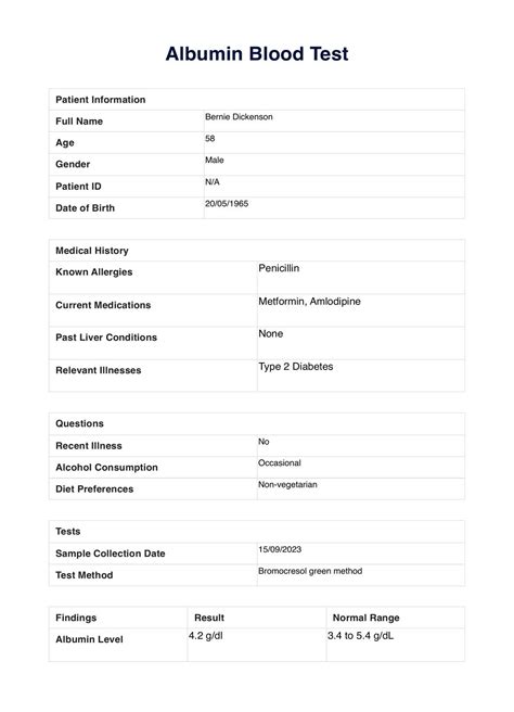 Albumin Blood Test And Example Free Pdf Download