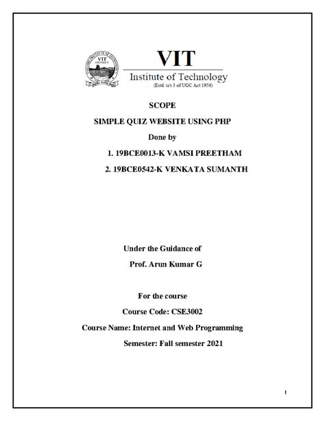IWP Final Review Iwp Project SCOPE SIMPLE QUIZ WEBSITE USING PHP Done 1 VAMSI PREETHAM 2