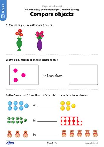 Y1 Autumn Term Block 1 Compare Objects Maths Worksheets Teaching